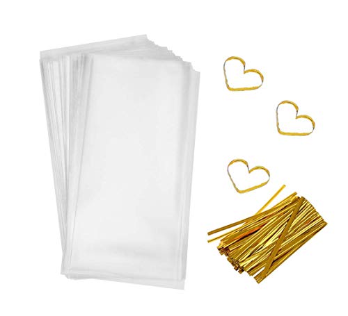 Cellophane Bags 200 PCS Clear Flat Cello Treat Bags Party Favor Bag for Gift Bakery Cookies Candies with 200 Twist Ties (4x9Inch)