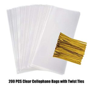 Cellophane Bags 200 PCS Clear Flat Cello Treat Bags Party Favor Bag for Gift Bakery Cookies Candies with 200 Twist Ties (4x9Inch)