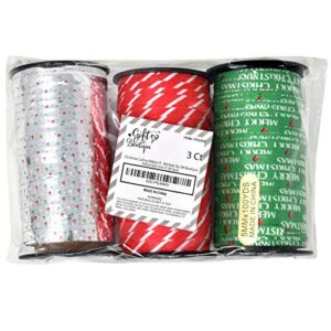 Christmas Curling Ribbon Pack of 3 Rolls Green, Red & White Stripes, and Metallic Silver; Holiday Party Crafts Supplies Decorations- 100 Yards Per Roll - Total of 900 Feet; by Gift Boutique