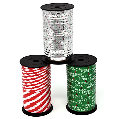 Christmas Curling Ribbon Pack of 3 Rolls Green, Red & White Stripes, and Metallic Silver; Holiday Party Crafts Supplies Decorations- 100 Yards Per Roll - Total of 900 Feet; by Gift Boutique