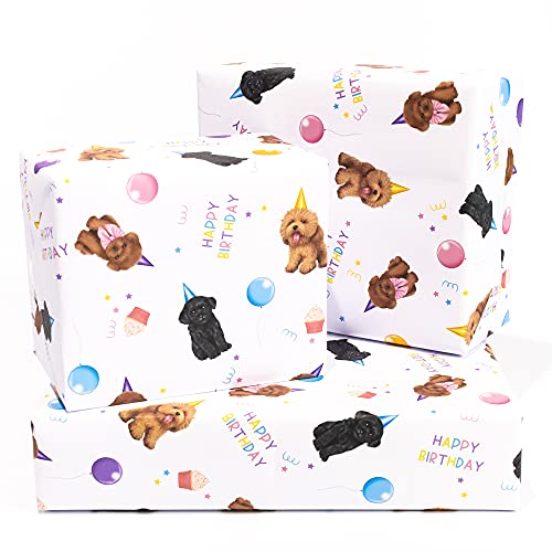 CENTRAL 23 - Happy Birthday Wrapping Paper - Dogs in Hats - 6 Sheets of Birthday Gift Wrap - White Pink and Blue - For Kids - Recyclable