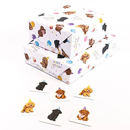 CENTRAL 23 - Happy Birthday Wrapping Paper - Dogs in Hats - 6 Sheets of Birthday Gift Wrap - White Pink and Blue - For Kids - Recyclable