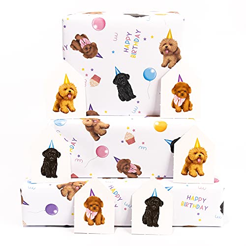 CENTRAL 23 - Happy Birthday Wrapping Paper - Dogs in Hats - 6 Sheets of Birthday Gift Wrap - White Pink and Blue - For Kids - Recyclable