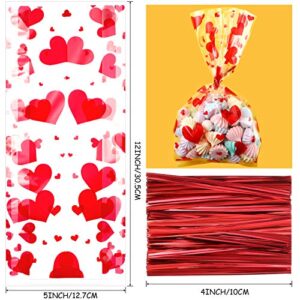 120 Pieces Valentine Cello Bags Heart Printed Cellophane Wraps with 200 Pieces Twist Ties for Valentine's Day Party Supplies, Weddings, Bridal or Baby Shower