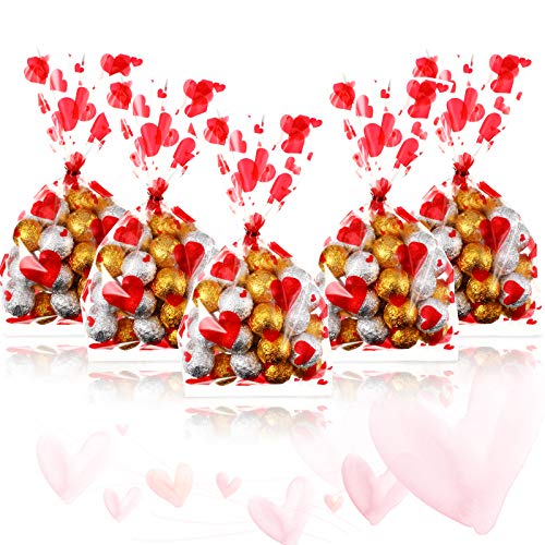 120 Pieces Valentine Cello Bags Heart Printed Cellophane Wraps with 200 Pieces Twist Ties for Valentine's Day Party Supplies, Weddings, Bridal or Baby Shower