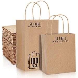 brown paper bags with handles 100 pack 50pcs of 6.25″x3.5″x8″ & 50pcs of 8″x4.5″x10.5″ – paper bag, well made quality bags, brown bags with handles bulk, kraft paper bags bulk, small paper bags