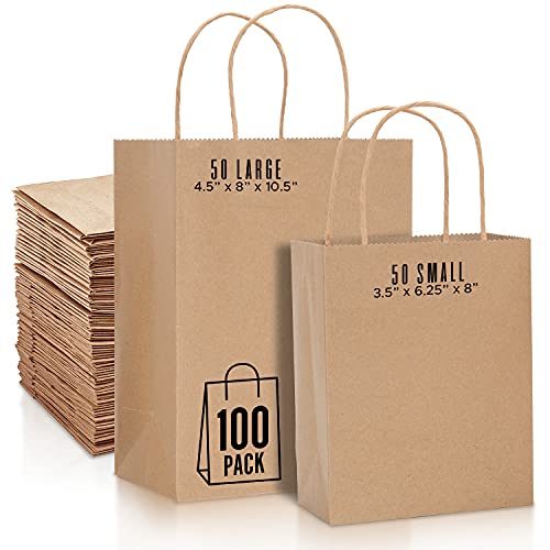 Brown paper bags with handles 100 pack 50pcs of 6.25"x3.5"x8" & 50pcs of 8"x4.5"x10.5" - paper bag, well made quality bags, brown bags with handles bulk, kraft paper bags bulk, small paper bags