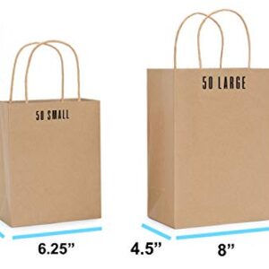 Brown paper bags with handles 100 pack 50pcs of 6.25"x3.5"x8" & 50pcs of 8"x4.5"x10.5" - paper bag, well made quality bags, brown bags with handles bulk, kraft paper bags bulk, small paper bags