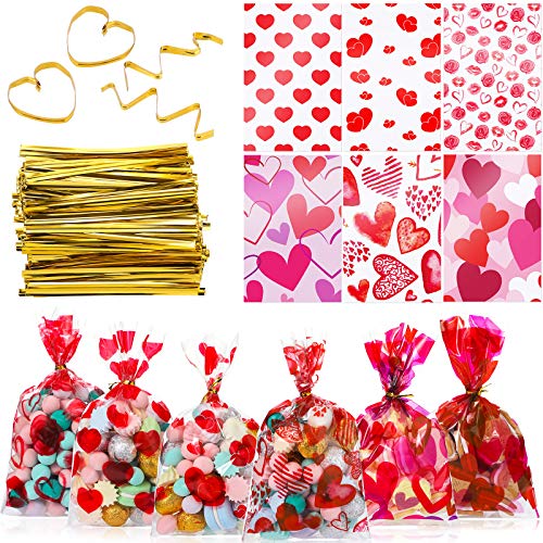 Zonon Valentine Cellophane Bags Heart Candy Treat Bag Holiday Clear Goodie Bags Party Favor Bags with 700 Pieces Twist Ties for Valentine's Day Craft Wrapping Decoration Supplies (240)