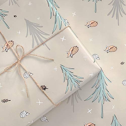 Large 30ft Roll Forest Fox Wrapping Paper and Hedgehog Wrapping Paper for Christmas, Birthdays, Baby Showers, Woodland Theme, and Holidays 30in. X 360in |75 sq. ft.|