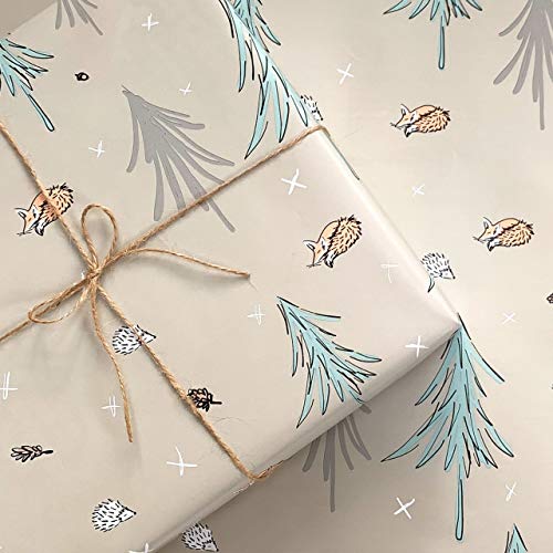 Large 30ft Roll Forest Fox Wrapping Paper and Hedgehog Wrapping Paper for Christmas, Birthdays, Baby Showers, Woodland Theme, and Holidays 30in. X 360in |75 sq. ft.|