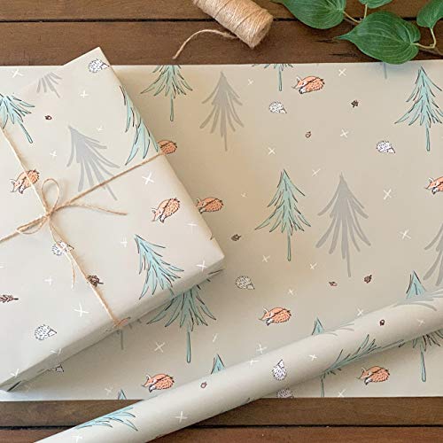 Large 30ft Roll Forest Fox Wrapping Paper and Hedgehog Wrapping Paper for Christmas, Birthdays, Baby Showers, Woodland Theme, and Holidays 30in. X 360in |75 sq. ft.|