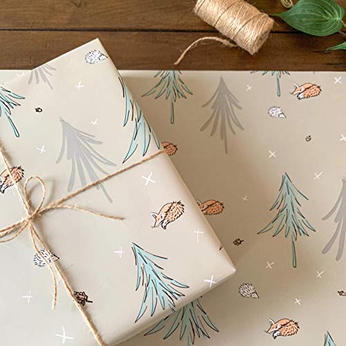 Large 30ft Roll Forest Fox Wrapping Paper and Hedgehog Wrapping Paper for Christmas, Birthdays, Baby Showers, Woodland Theme, and Holidays 30in. X 360in |75 sq. ft.|