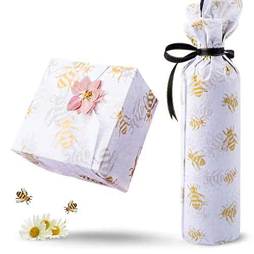 MR FIVE 30 Sheets White with Metallic Gold Bee Tissue Paper Bulk,20" x 28",Gold Bee Design Tissue Paper for Gift Bags,Gold Gift Wrapping Tissue Paper for Bee Party