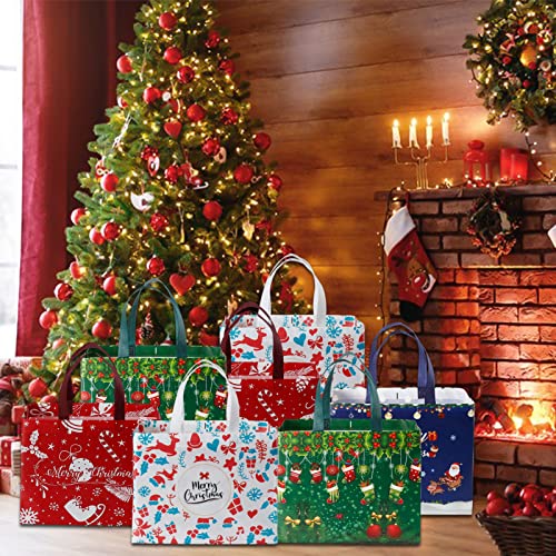 Christmas Gift Bags 16 packs, Christmas Tote Bags Medium Size Holiday Gift Bags with Handle, Reusable Non-Woven Shopping Bags for Xmas Gifts Wrapping Party Supplies Open Size 12.4*9.84*6.69 in