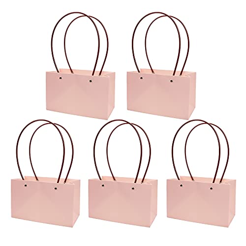 CheeseandU 5Pack Kraft Paper Flower Gift Bags Bouquet Bags Box Waterproof Heavy-Duty Paper Rectangle Carrier Bags with Handle Tote Bags for Birthday Wedding Party Favors, Pink