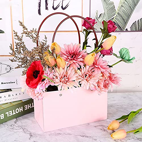 CheeseandU 5Pack Kraft Paper Flower Gift Bags Bouquet Bags Box Waterproof Heavy-Duty Paper Rectangle Carrier Bags with Handle Tote Bags for Birthday Wedding Party Favors, Pink