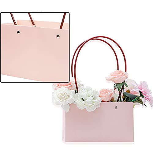 CheeseandU 5Pack Kraft Paper Flower Gift Bags Bouquet Bags Box Waterproof Heavy-Duty Paper Rectangle Carrier Bags with Handle Tote Bags for Birthday Wedding Party Favors, Pink