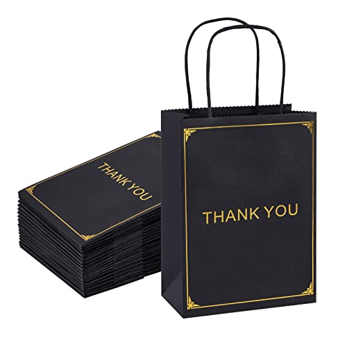 Sdootjewelry Thank You Gift Bags 20 Packs, Small Gift Bags with Handles, Gold Foil Thank You Bags for Business Small 5.9''×3.1''×8.1'', Black Gift Bag for Birthday Wedding Party Shopping