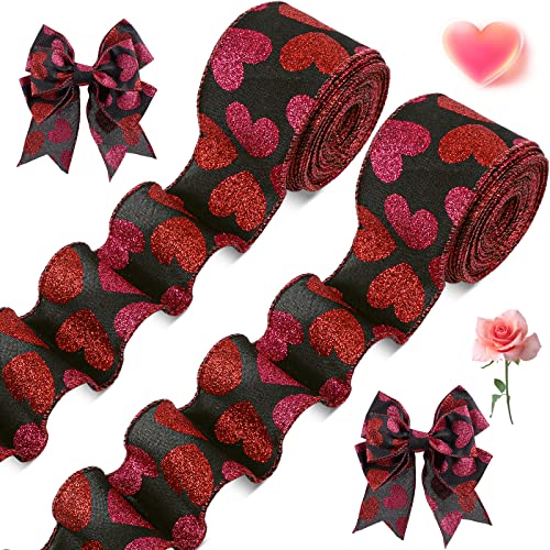 2 Roll 20 Yards Glitter Hearts Wired Edge Burlap Ribbon Valentine Ribbon Valentine's Day Wired Ribbon for DIY Gift Wrapping Wreath Crafts Decoration, 2.5 Inch (Black, Red, Pink)