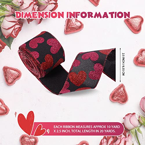 2 Roll 20 Yards Glitter Hearts Wired Edge Burlap Ribbon Valentine Ribbon Valentine's Day Wired Ribbon for DIY Gift Wrapping Wreath Crafts Decoration, 2.5 Inch (Black, Red, Pink)