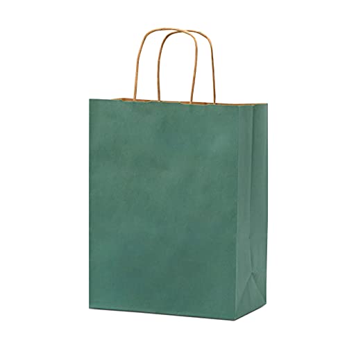 Green Gift Bags - 8x4x10 Inch 50 Pack Small Kraft Paper Shopping Bags with Handles, Craft Totes in Bulk for Boutiques, Small Business, Retail Stores, Birthday Parties, Jewelry, Merchandise, Bulk