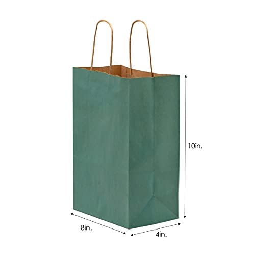 Green Gift Bags - 8x4x10 Inch 50 Pack Small Kraft Paper Shopping Bags with Handles, Craft Totes in Bulk for Boutiques, Small Business, Retail Stores, Birthday Parties, Jewelry, Merchandise, Bulk