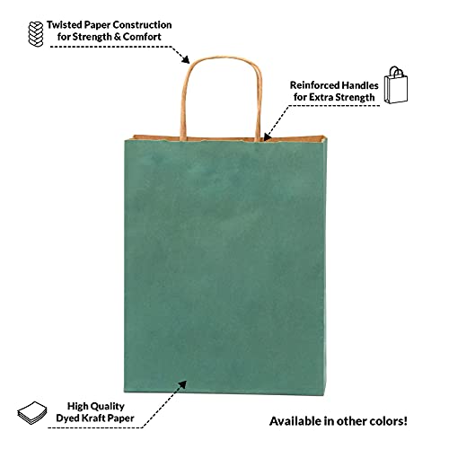 Green Gift Bags - 8x4x10 Inch 50 Pack Small Kraft Paper Shopping Bags with Handles, Craft Totes in Bulk for Boutiques, Small Business, Retail Stores, Birthday Parties, Jewelry, Merchandise, Bulk