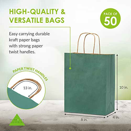 Green Gift Bags - 8x4x10 Inch 50 Pack Small Kraft Paper Shopping Bags with Handles, Craft Totes in Bulk for Boutiques, Small Business, Retail Stores, Birthday Parties, Jewelry, Merchandise, Bulk