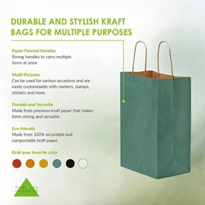 Green Gift Bags - 8x4x10 Inch 50 Pack Small Kraft Paper Shopping Bags with Handles, Craft Totes in Bulk for Boutiques, Small Business, Retail Stores, Birthday Parties, Jewelry, Merchandise, Bulk