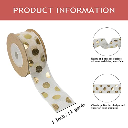 Nichemigo 1 Inch Wide Polka Dot Ribbon, Gold Dots Printed Organza Ribbons for Gift Wrapping Hair Bows Craft Sewing Invitation Floral Arrangement (11 Yards)