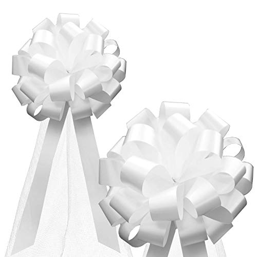 White Wedding Pull Bows with Tulle Tails - 8" Wide, Set of 6, Wedding Pew Bows, Mother's Day, Reception, Christmas, Birthday, Anniversary, Event Decoration, Valentine's Day