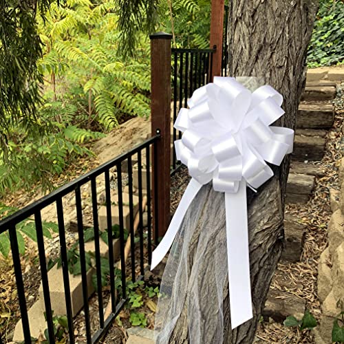 White Wedding Pull Bows with Tulle Tails - 8" Wide, Set of 6, Wedding Pew Bows, Mother's Day, Reception, Christmas, Birthday, Anniversary, Event Decoration, Valentine's Day