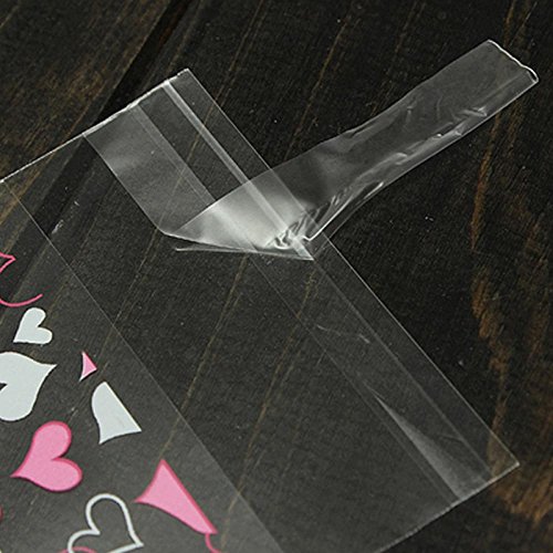 RAYNAG 200 Pcs Resealable Cellophane Bags Self Adhesive Cookie Cello Bags Lovely Heart-shaped Printed Poly Candy Bags for Dessert, Party Treats, Bakery, Candle, Soap, 3.74"x2.75"