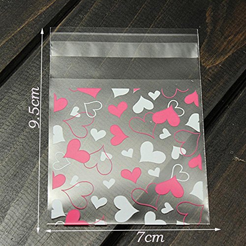 RAYNAG 200 Pcs Resealable Cellophane Bags Self Adhesive Cookie Cello Bags Lovely Heart-shaped Printed Poly Candy Bags for Dessert, Party Treats, Bakery, Candle, Soap, 3.74"x2.75"