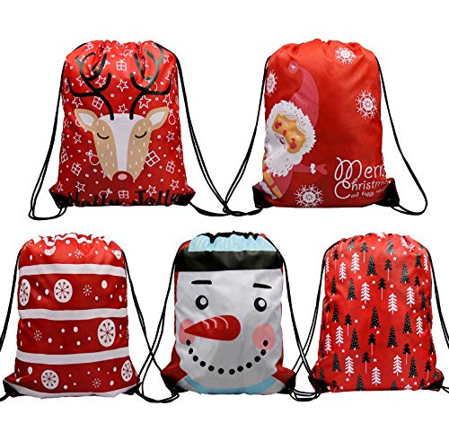 Christmas Gift Wrap Bags Drawstring Bags 5 Pack, 13.5x16.5 Inch Santa Sack Backpack for Party Favors Gifts and Candy, Reusable Personalized Best Gift for Xmas Package Storage