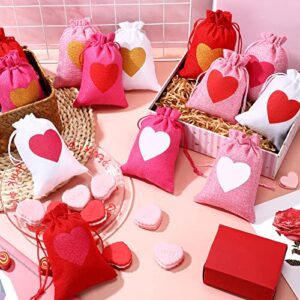 36 Pcs Valentine's Day Heart Burlap Gift Bags 4 x 6 Inch Burlap Bags with Drawstring Small Linen Jewelry Pouches Drawstring Bags for Wedding Baby Shower Party Favors Christmas DIY Craft, 4 Colors