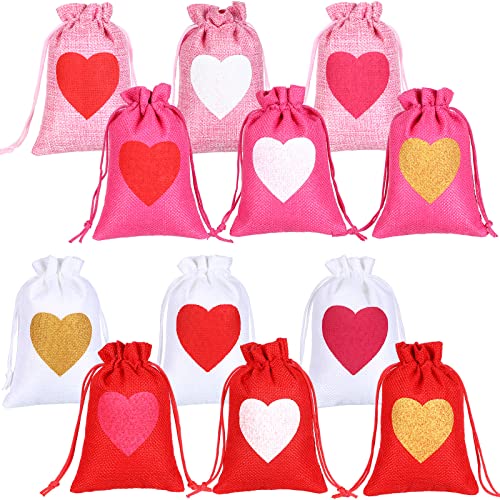 36 Pcs Valentine's Day Heart Burlap Gift Bags 4 x 6 Inch Burlap Bags with Drawstring Small Linen Jewelry Pouches Drawstring Bags for Wedding Baby Shower Party Favors Christmas DIY Craft, 4 Colors