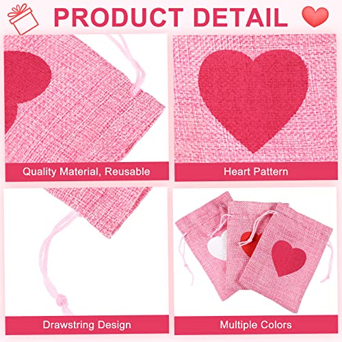 36 Pcs Valentine's Day Heart Burlap Gift Bags 4 x 6 Inch Burlap Bags with Drawstring Small Linen Jewelry Pouches Drawstring Bags for Wedding Baby Shower Party Favors Christmas DIY Craft, 4 Colors