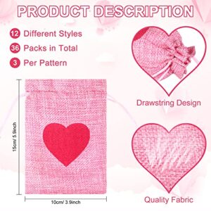 36 Pcs Valentine's Day Heart Burlap Gift Bags 4 x 6 Inch Burlap Bags with Drawstring Small Linen Jewelry Pouches Drawstring Bags for Wedding Baby Shower Party Favors Christmas DIY Craft, 4 Colors