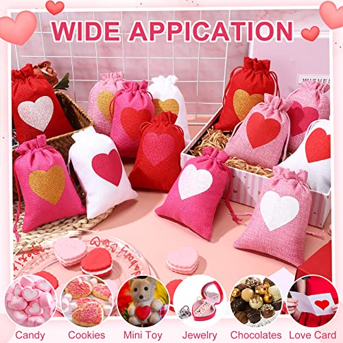 36 Pcs Valentine's Day Heart Burlap Gift Bags 4 x 6 Inch Burlap Bags with Drawstring Small Linen Jewelry Pouches Drawstring Bags for Wedding Baby Shower Party Favors Christmas DIY Craft, 4 Colors