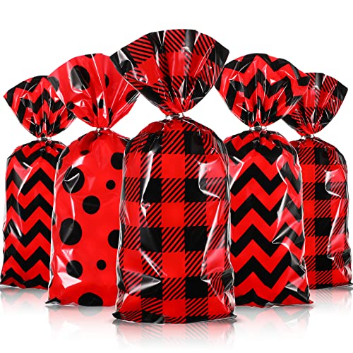 120 Pieces Christmas Cello Candy Bags Buffalo Polka Dot Stripes Prints Plastic Goodie Treat Favor Bags with 200 Twist Ties for Winter Holiday Birthday Baby Shower Party Supplies (Red, Black)