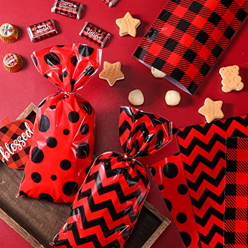 120 Pieces Christmas Cello Candy Bags Buffalo Polka Dot Stripes Prints Plastic Goodie Treat Favor Bags with 200 Twist Ties for Winter Holiday Birthday Baby Shower Party Supplies (Red, Black)