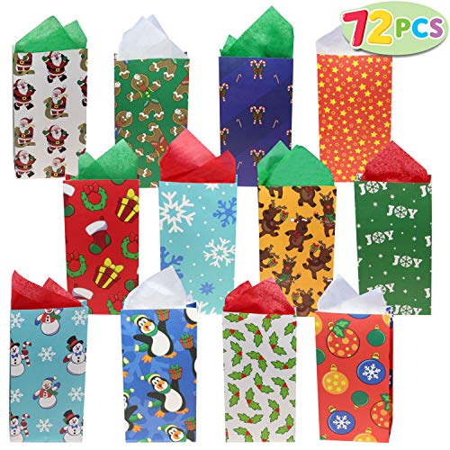 JOYIN 72 PCS of Christmas Holiday Goody Bags; 12 Assorted Christmas Designs Goodie Bags for Classrooms, Party Favors, Small Gift Bags, Kraft Bags and Christmas Craft Bags