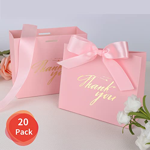 DESOEE Small Gift Bags Thank You Party Favor Bags 20 Pack with Pink Bow Ribbon, Treat Boxes Mini Paper Bags Bulk for Wedding Baby Shower Holidays Birthday Party