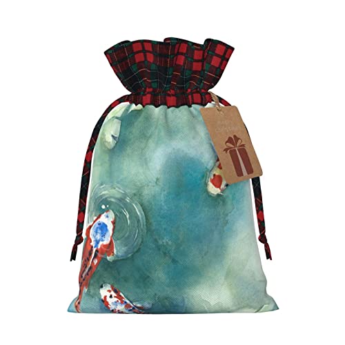 Allgobee Christmas Drawstring Gift Bags Fish-Japanese-Pond-Watercolor Buffalo Plaid Drawstring Bag Party Favors Bags