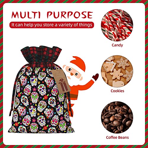 Allgobee Christmas Drawstring Gift Bags Sugar-Skulls-Day-Of-Dead Buffalo Plaid Drawstring Bag Party Favors Bags