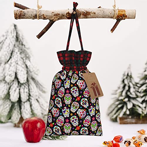 Allgobee Christmas Drawstring Gift Bags Sugar-Skulls-Day-Of-Dead Buffalo Plaid Drawstring Bag Party Favors Bags