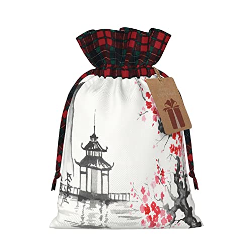 Allgobee Christmas Drawstring Gift Bags Japan-Flower-Temple Buffalo Plaid Drawstring Bag Party Favors Bags