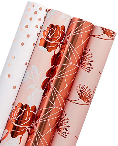 WRAPAHOLIC Wrapping Paper Roll - Rose Gold Floral, Dandelion, Lines and Polka Dots for Wedding, Birthday, Baby Shower - 4 Rolls - 30 inch X 120 inch Per Roll